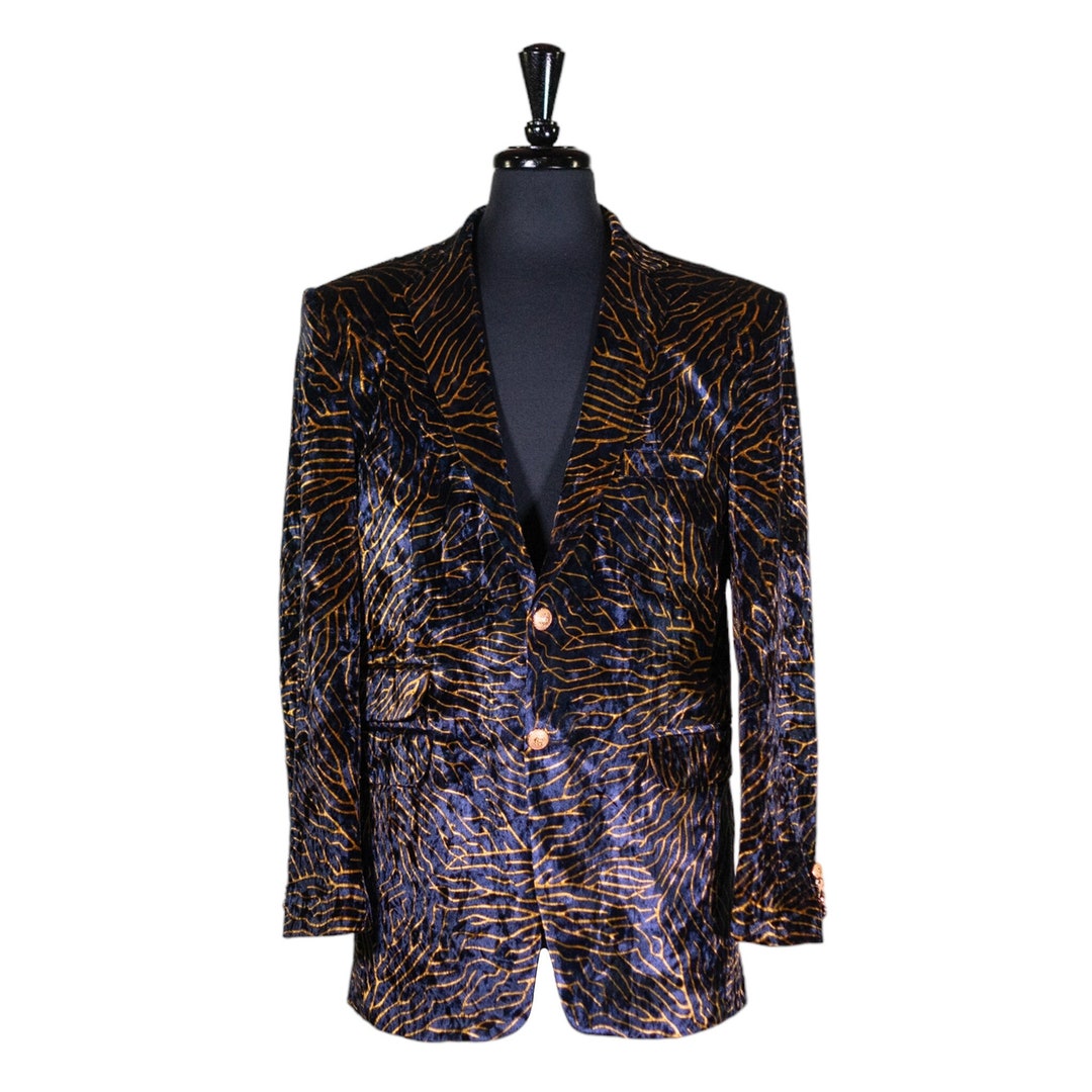 Mens Blazer, Blue Gold Animal Print Velvet, Dress Formal Party Jacket ...