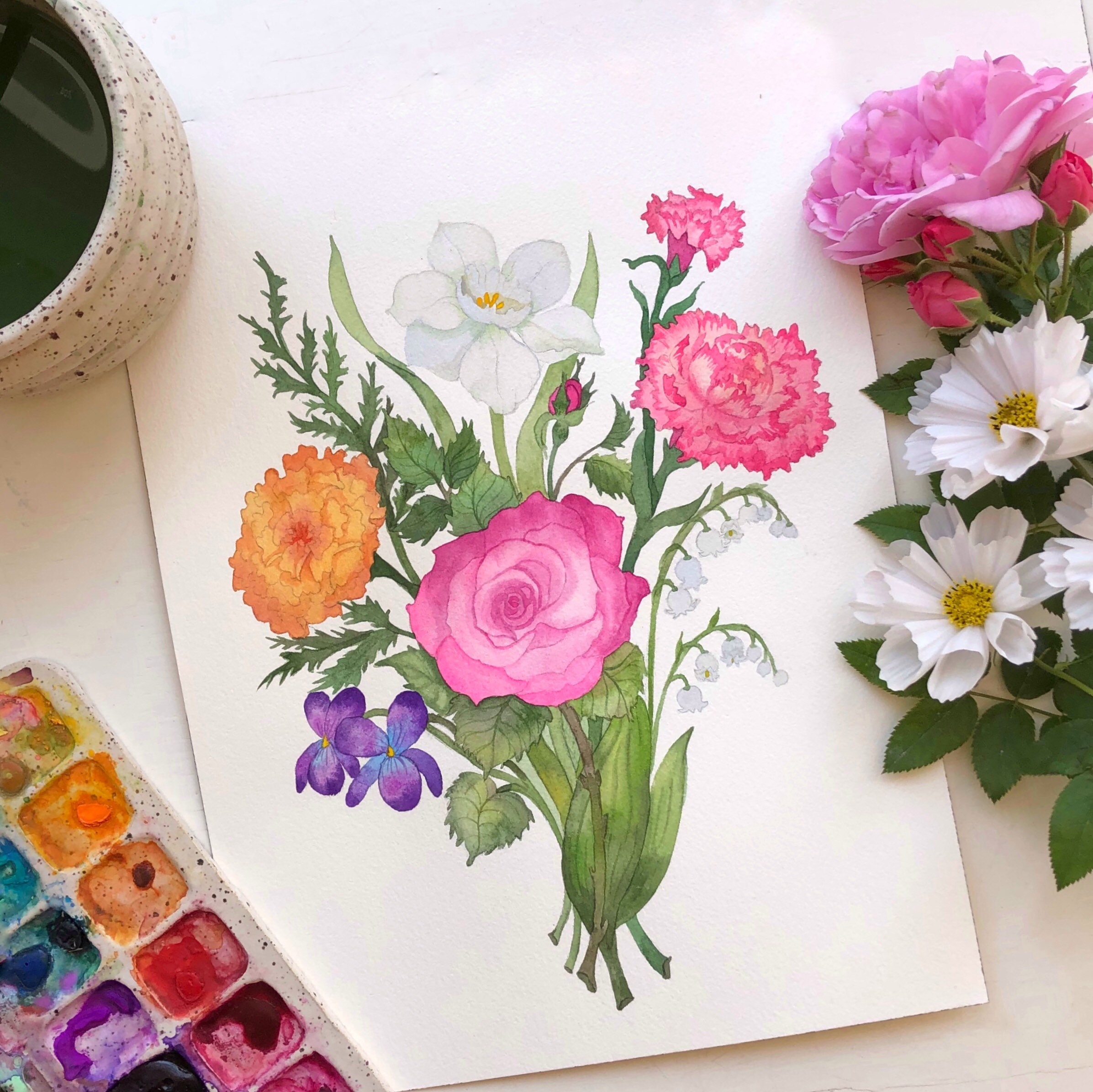 Gift for Mom and Grandma custom watercolor bouquet family | Etsy