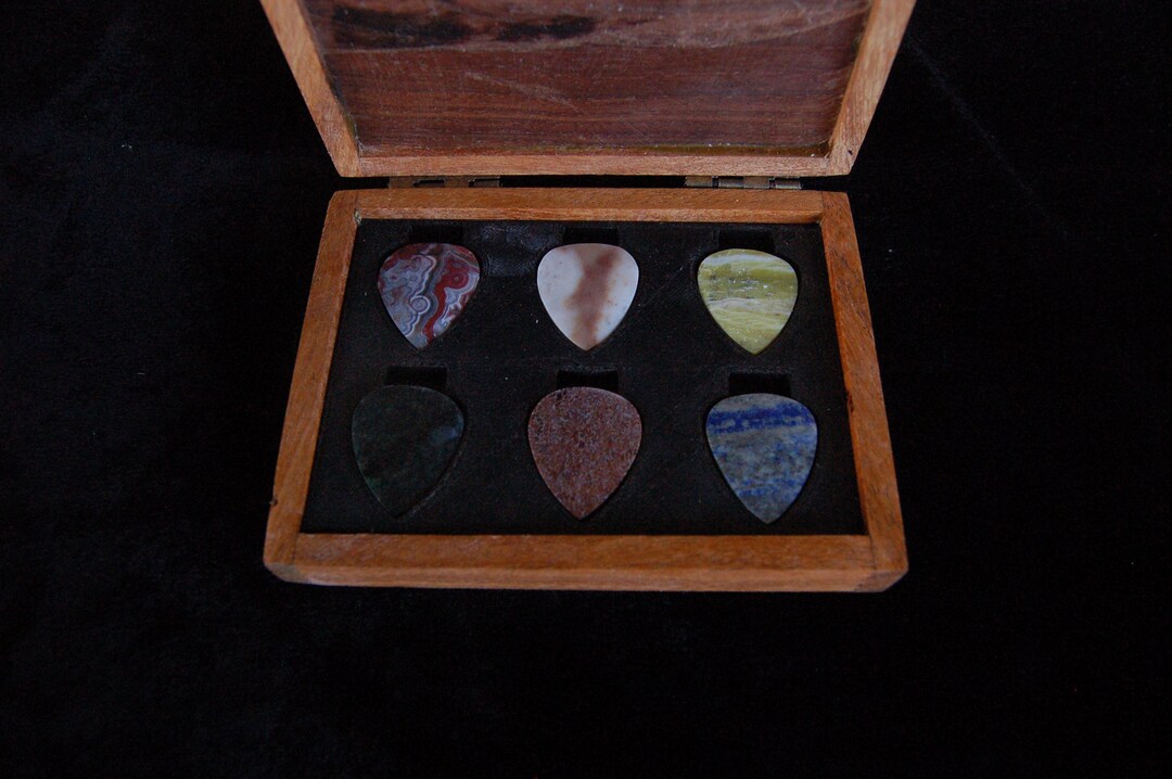 Box of Six Stone Guitar Picks in a Hand Made Wooden Box - Etsy