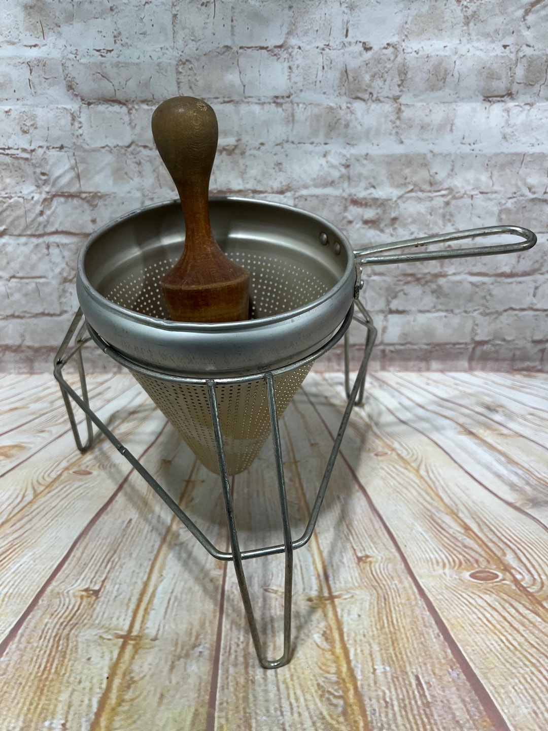 Vintage Aluminum Food Mill Cone Sieve Colander Strainer With Wood ...