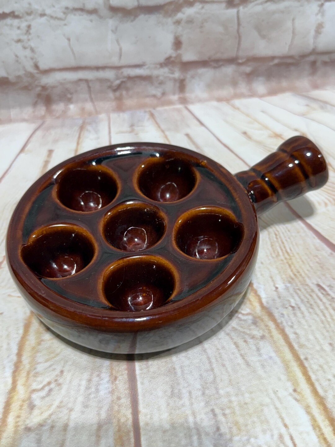 Vintage 6 Hole Brown Ceramic Escargot, Quail Egg, Mushroom Baking ...