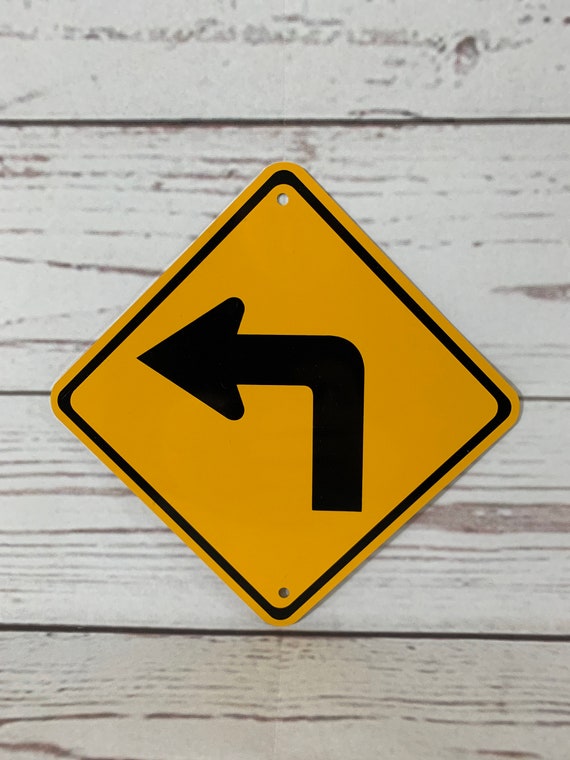 Caution LEFT TURN Corner Ahead Mini Metal Yellow Road Sign | Etsy