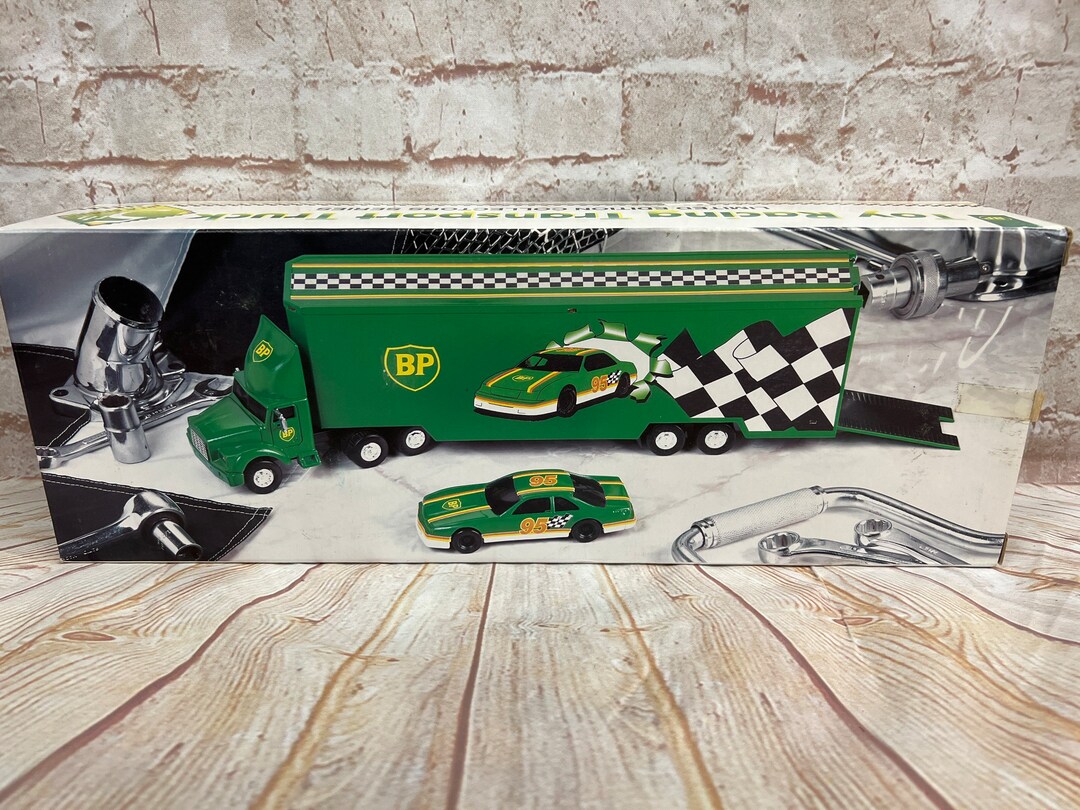 Vintage BP Gas British Petroleum Toy Race Car Carrier NASCAR and Hauler ...