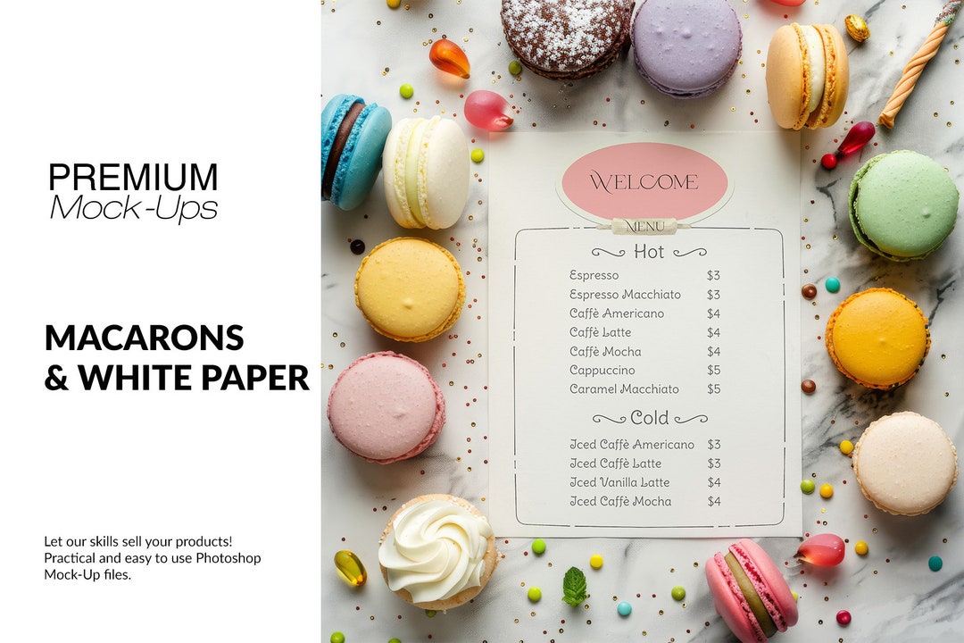Menu and Macarons Mockup | French Macarons & Menu Mockups | Photoshop ...