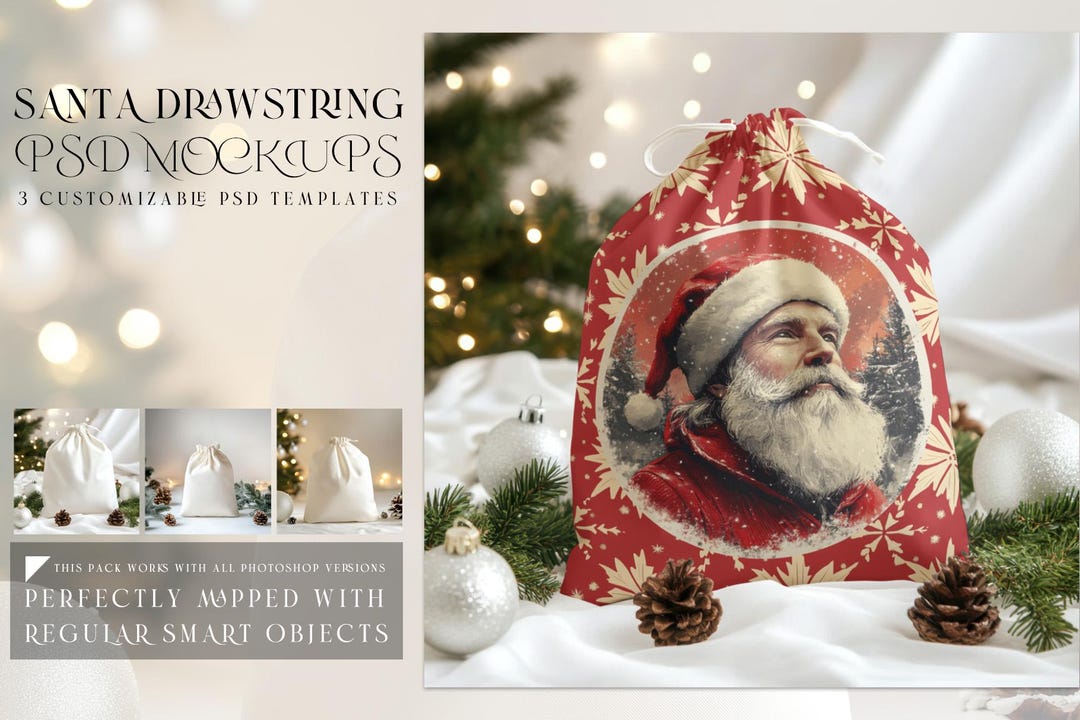 Santa Drawstring Bag Mockups | Digital Santa Bag Template for Photoshop ...