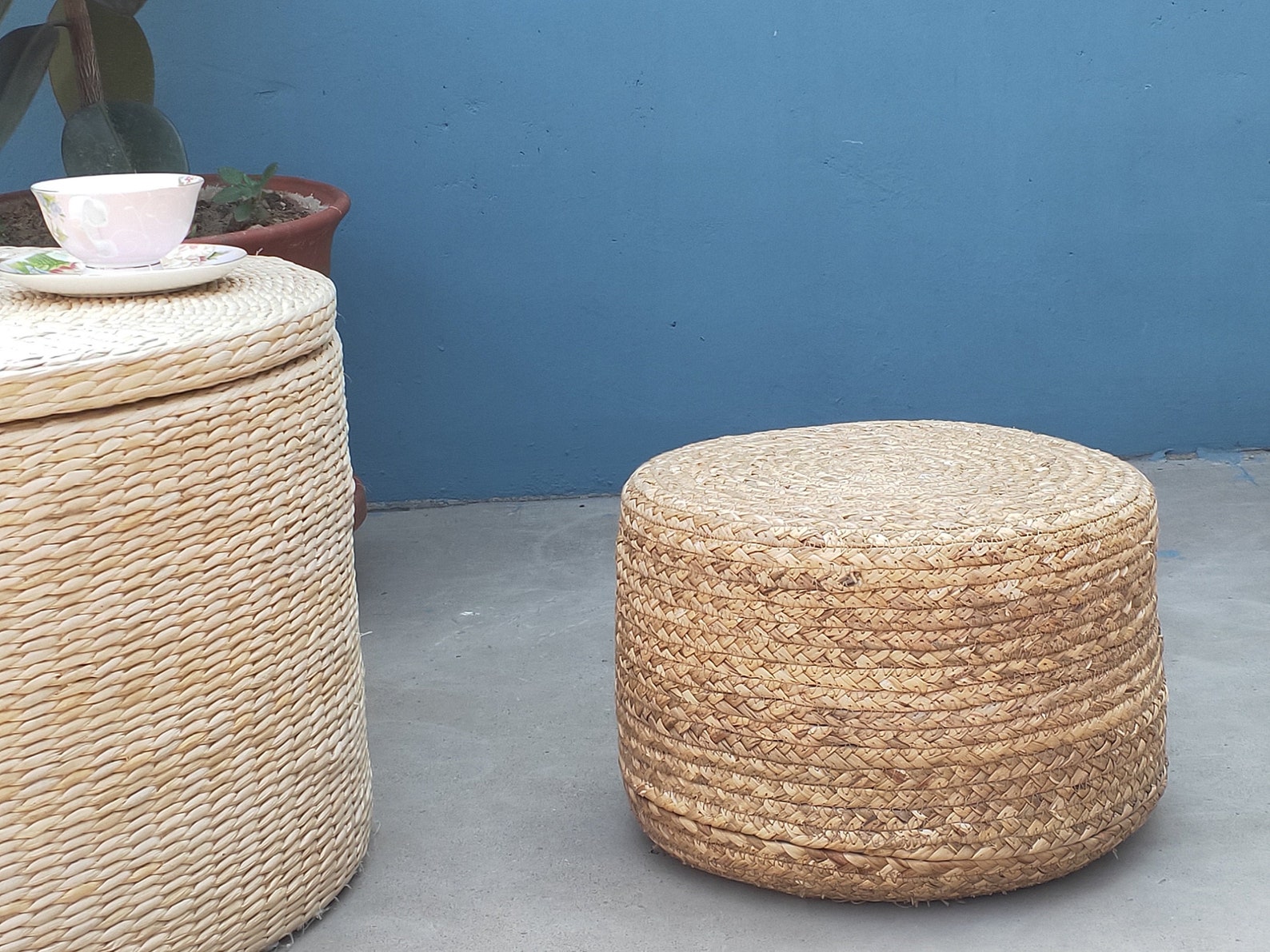 Custom Brown Rustic Round Floor Cushions Straw Floor Pouf Gift | Etsy