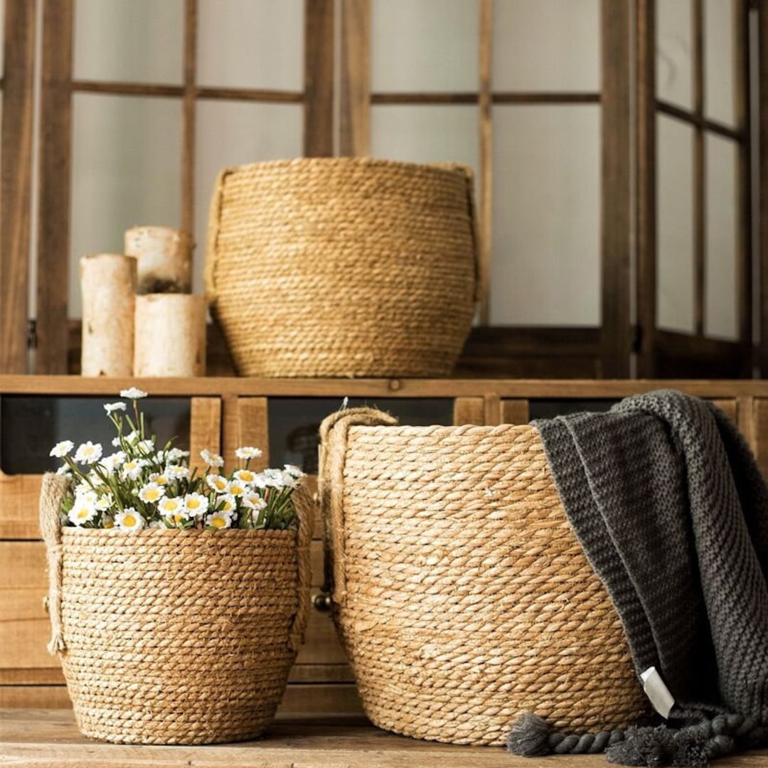 Rustic Straw Basket With Handles Laundry Basket Jute Ropes Basket Plant ...