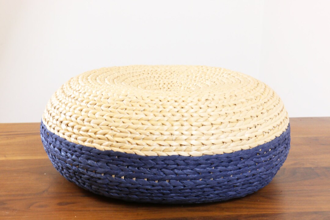 Blue White Straw Rustic Poof With Metal Frame Floor Cushion Yoga ...