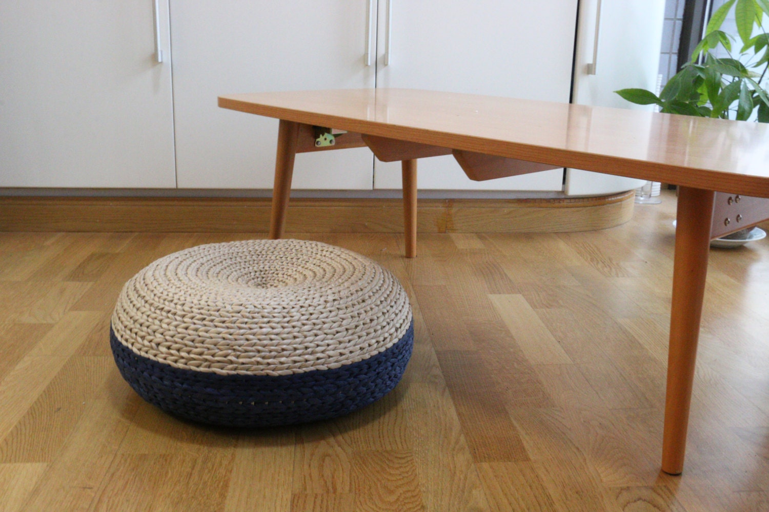 Blue white straw rustic poof with metal frame Floor cushion | Etsy