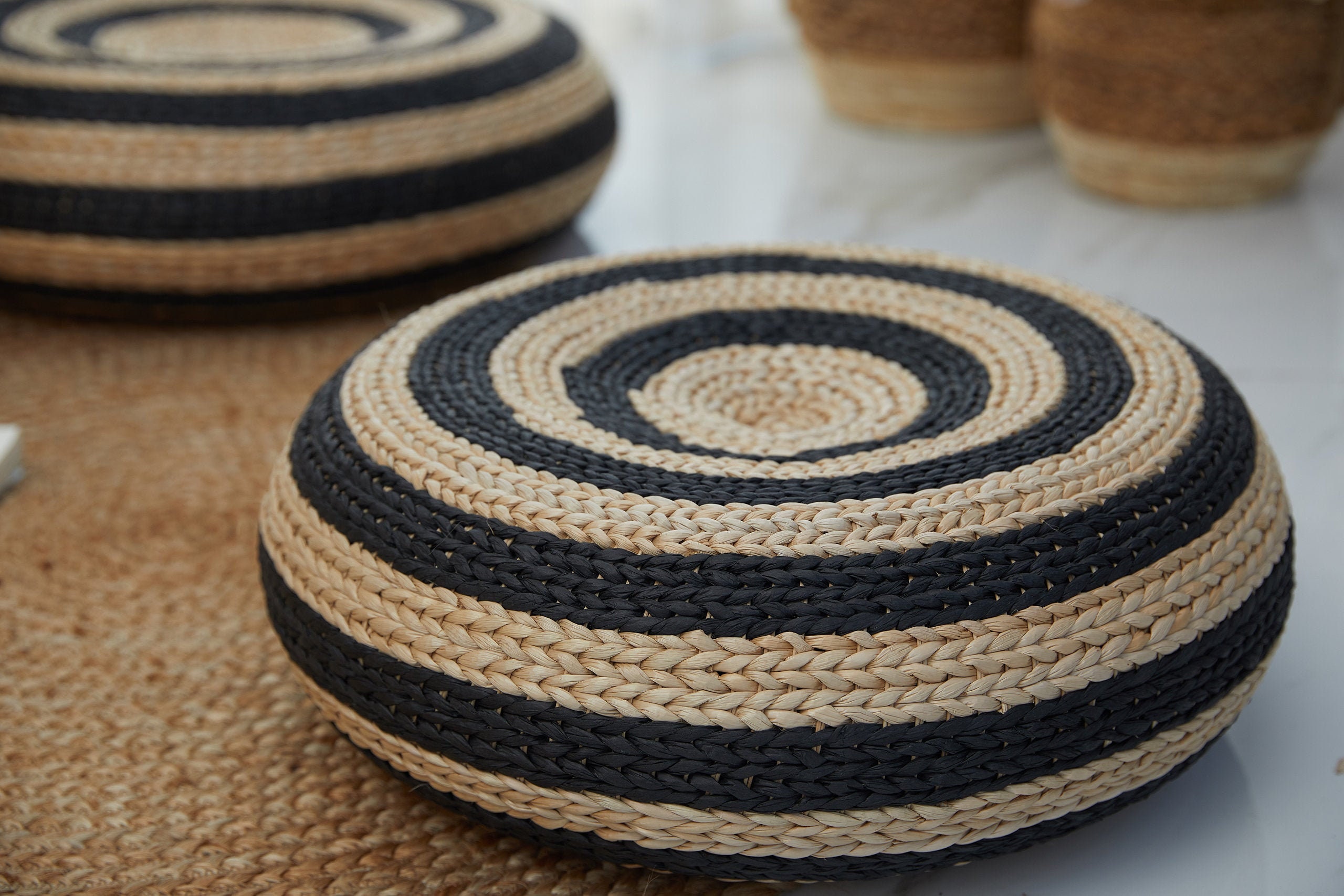 Chic handmade straw rustic poof with black and white swirl | Etsy