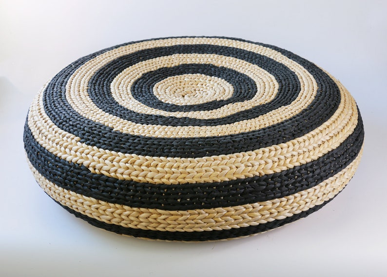 Chic Handmade Straw Rustic Poof With Black and White Swirl - Etsy