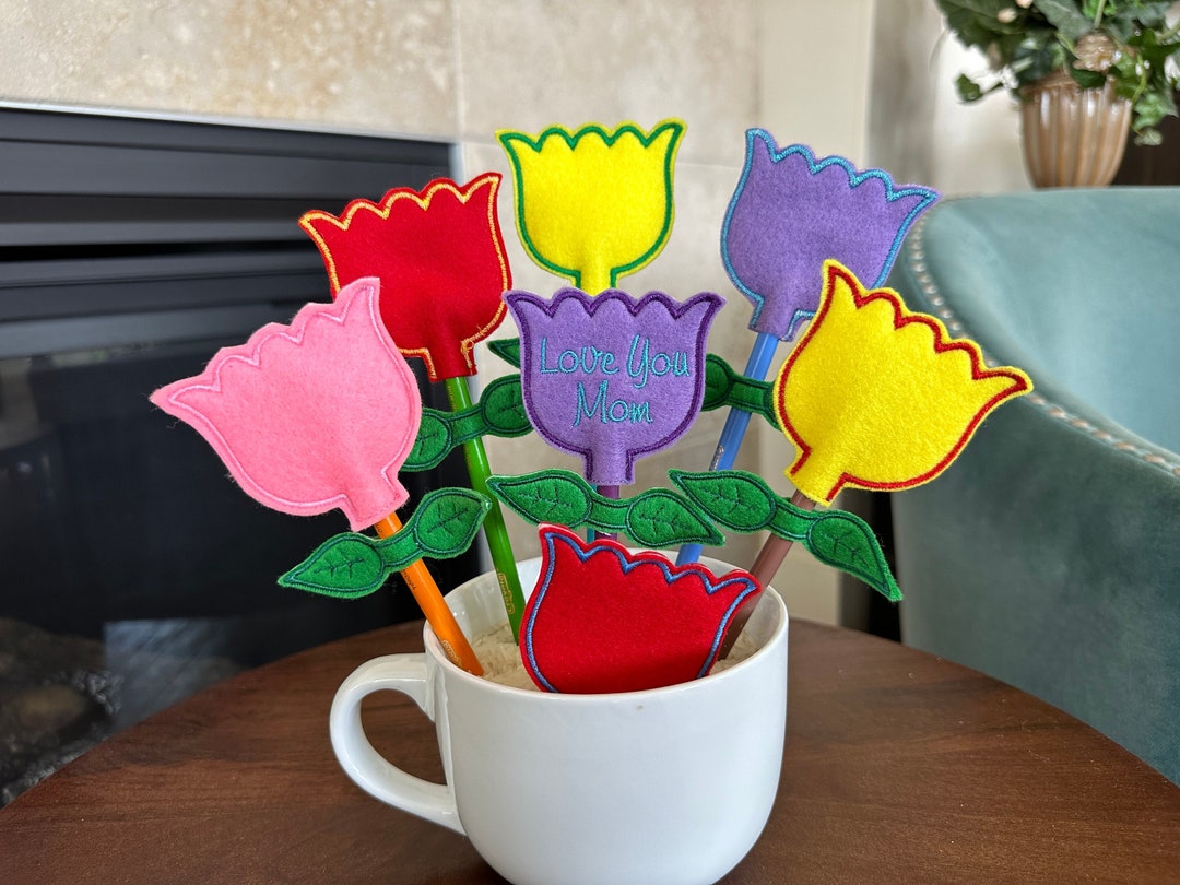 Love You Mom Tulip Pencil Topper, 4x4 Embroidery Design (digital ...