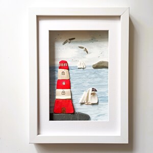 Lighthouse, Beachcombed Art, Cornish Harbour Scene, Nautical Framed ...