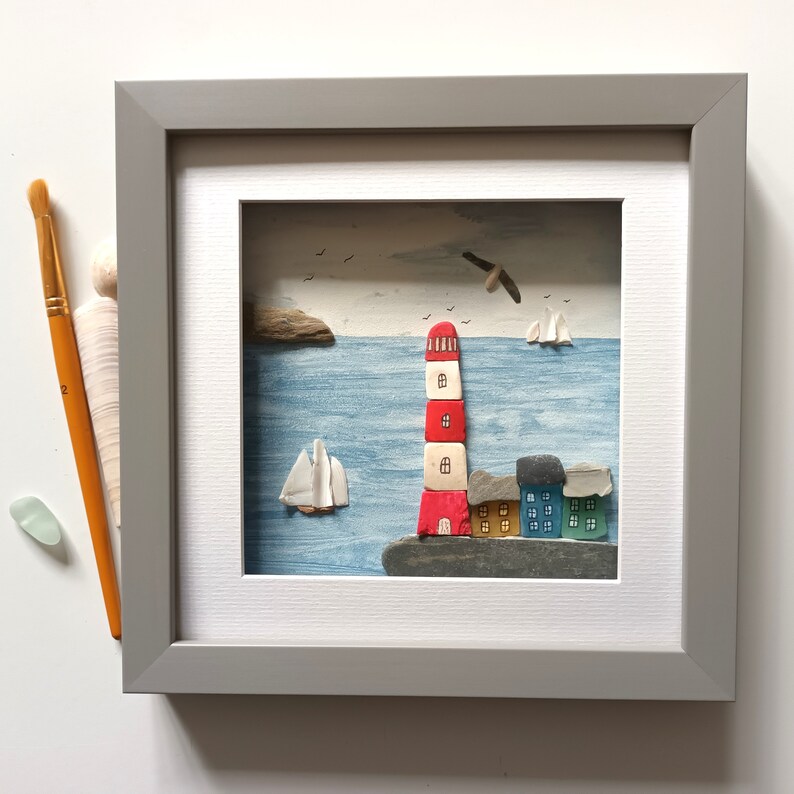 Framed Coastal Wall Decor, Lighthouse Scene, Beachcombed Art, Made in ...