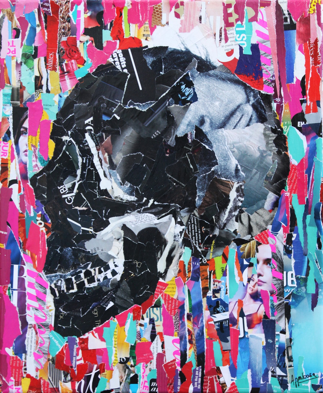Tableau collage vanité, crâne humain pop art, collage sur toile ...