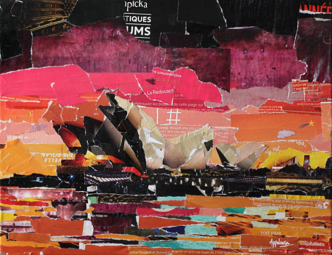 Original Collage, Sydney Opera House, Sunset Landscape, Contemporary ...