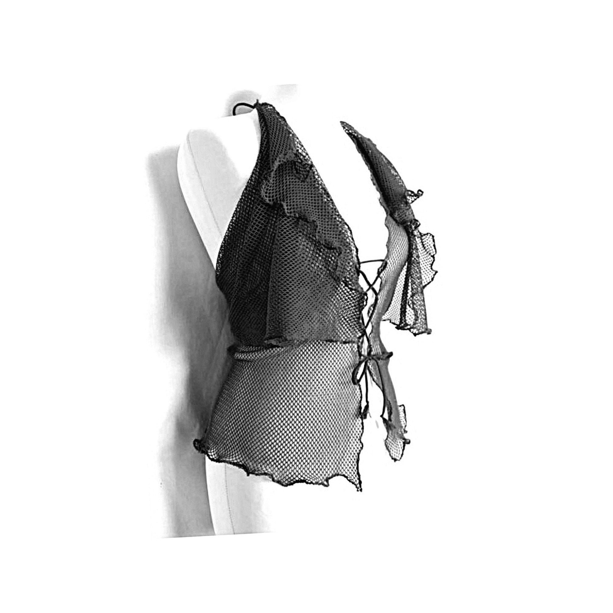 See Through Halter Top Ruffle Lace up Deep Front Fishnet - Etsy UK