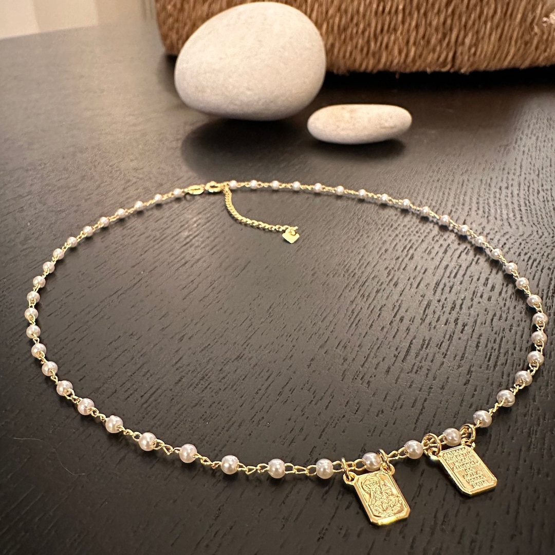 Handcrafted Necklace Scapulary - Goldfilled Pearl Spindle - Protection ...