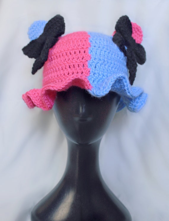 Bi-color Hat Crochet Bucket Hat Pink & Blue Ear Kawaii Hat - Etsy