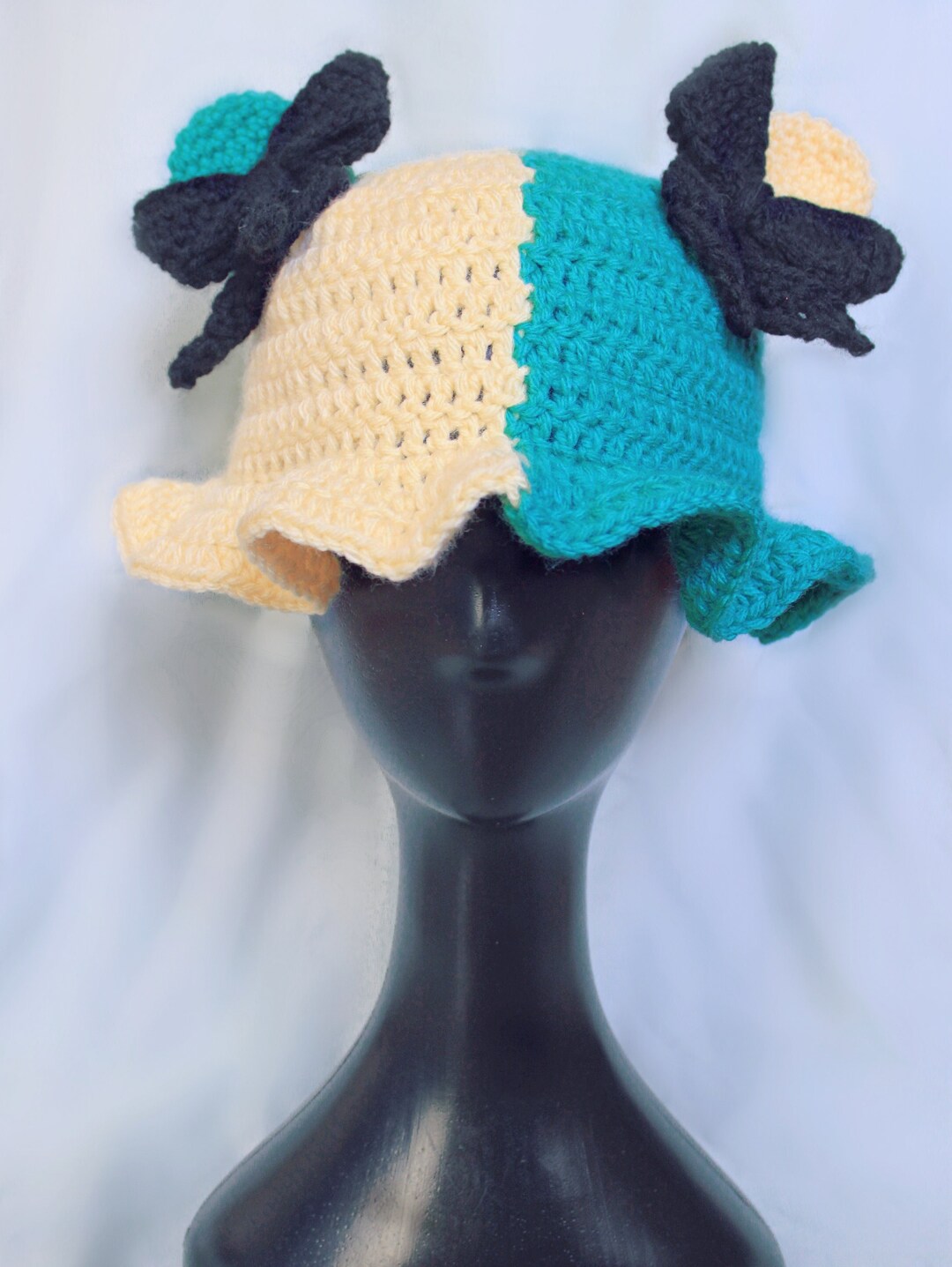 Bi-color Hat - Crochet Bucket Hat | Pale Yellow & Teal Ear Kawaii Hat ...
