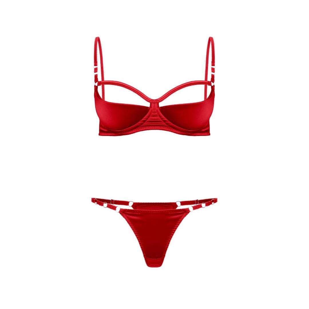 Open Cup Lingerie Set Red Satin Strappy Bra and Thong 3th Anniversary ...
