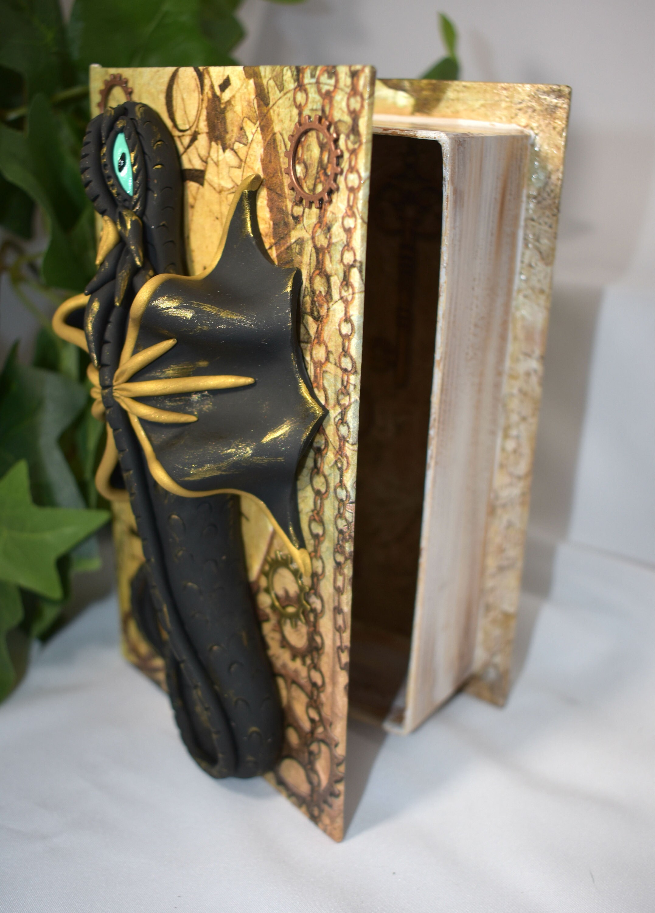 Polymer Clay Black and Gold Dragon on Altered Paper Mache Box Steampunk ...