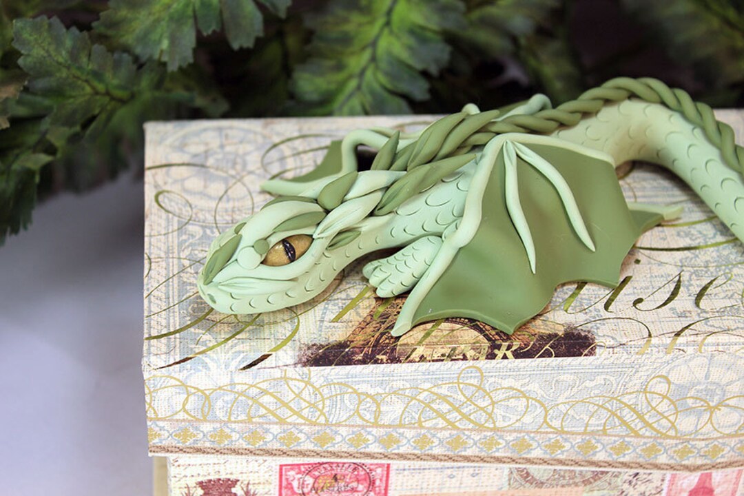 Polymer Clay Green Dragon on Pencil Box - Dragon Sculpture - Dragon Box ...