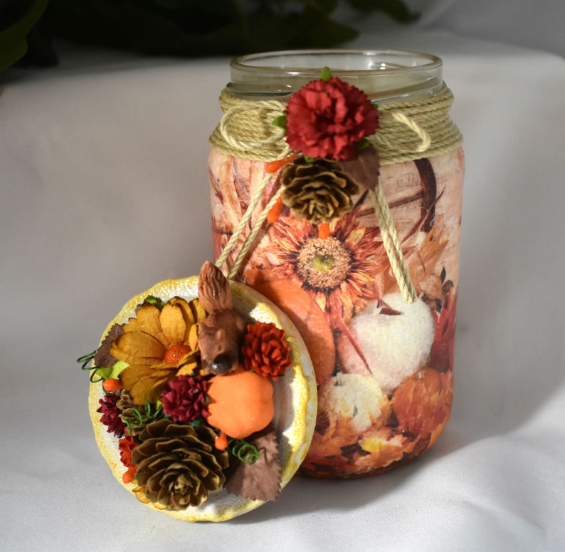 Autumn Decoupage Glass Jar - the Sound of Autum Jar - Mixed Media Jar ...