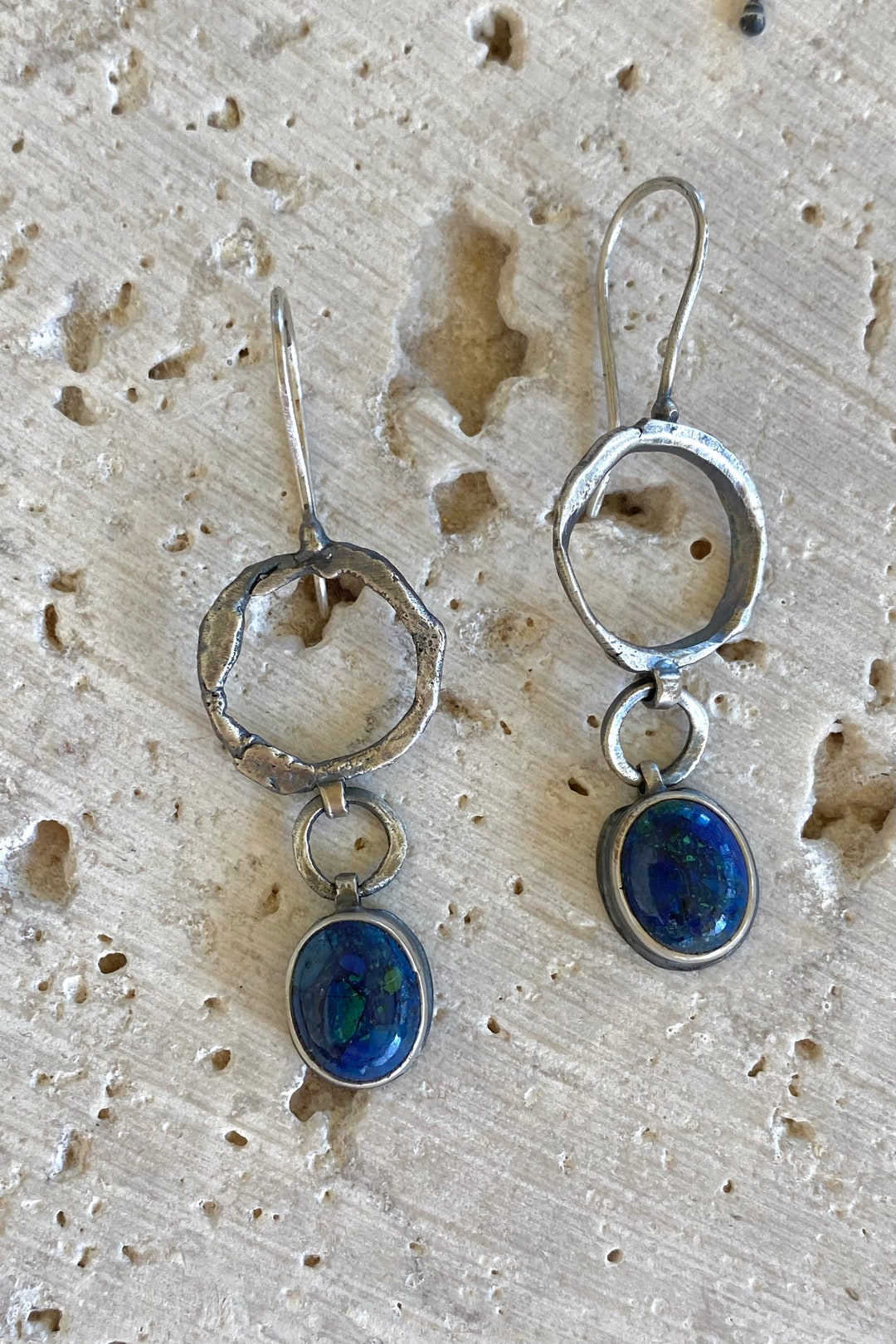 Rustic Rings Earrings With Azurite Drops - Etsy
