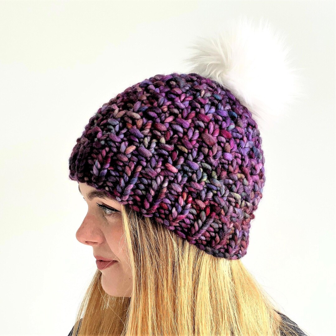 Knitting Pattern, Sea Glass Pompom Hat, Adult Ladies Super Bulky Beanie ...