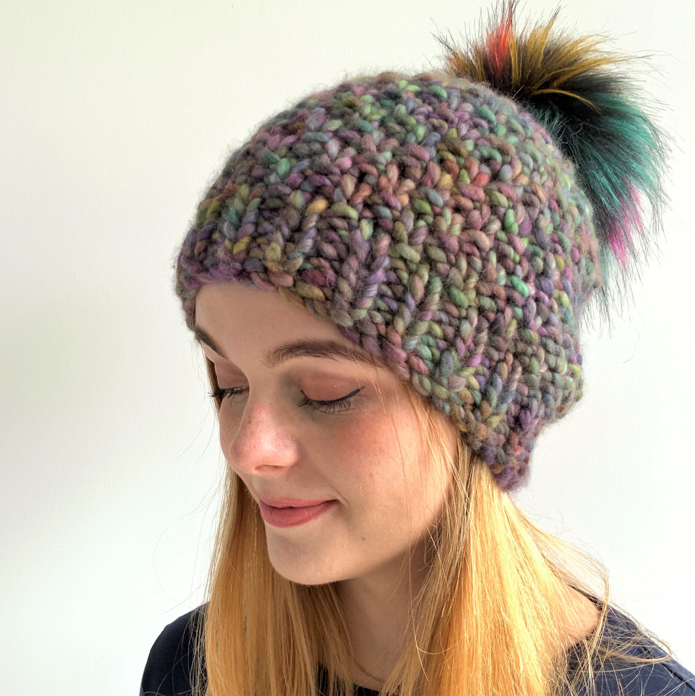 Knitting Pattern, Sea Glass Pompom Hat, Adult Ladies Super Bulky Beanie ...