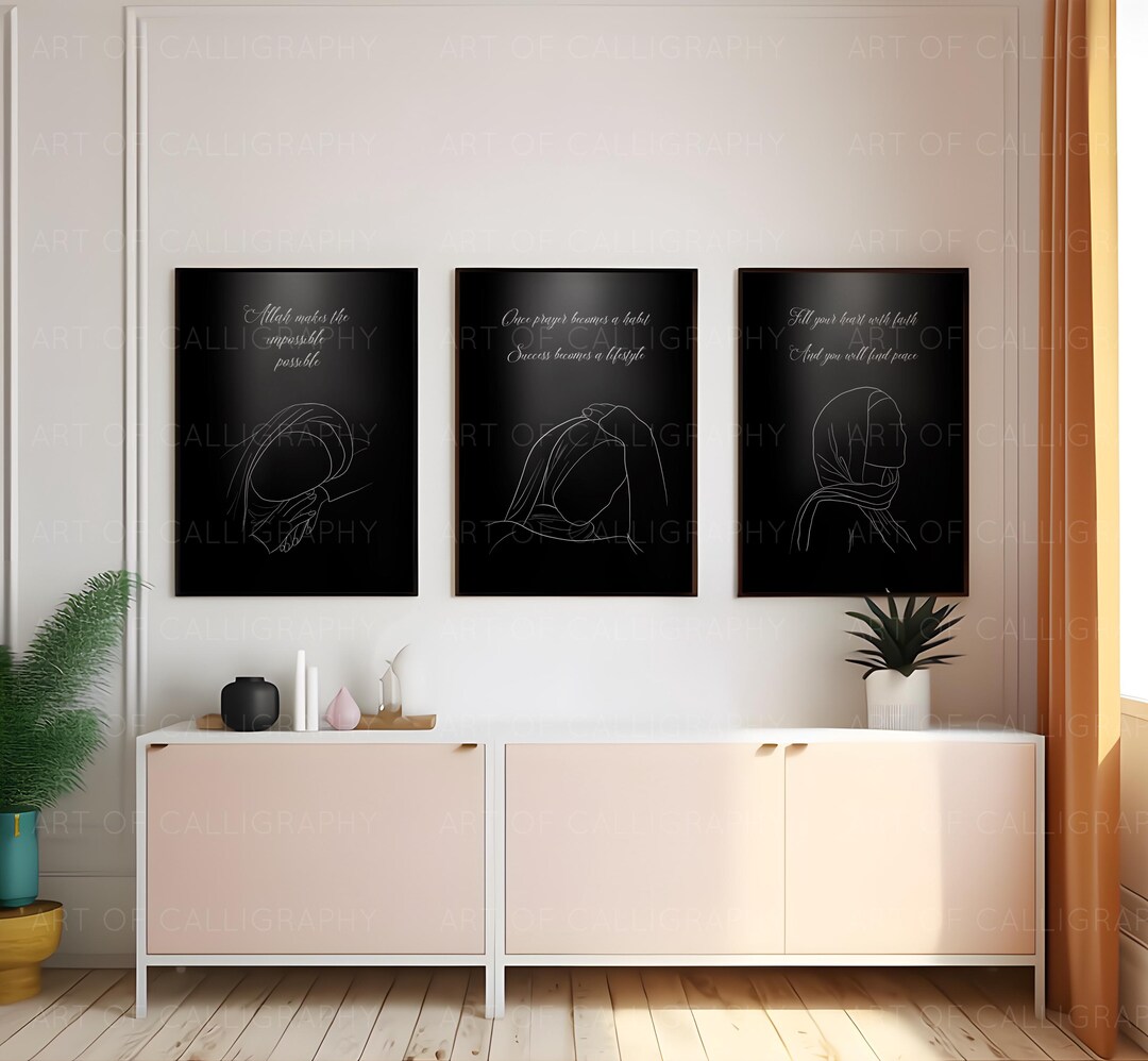 Set of 3 Hijab Line Art Islamic Prints, Islamic Quote Prints, Islamic ...