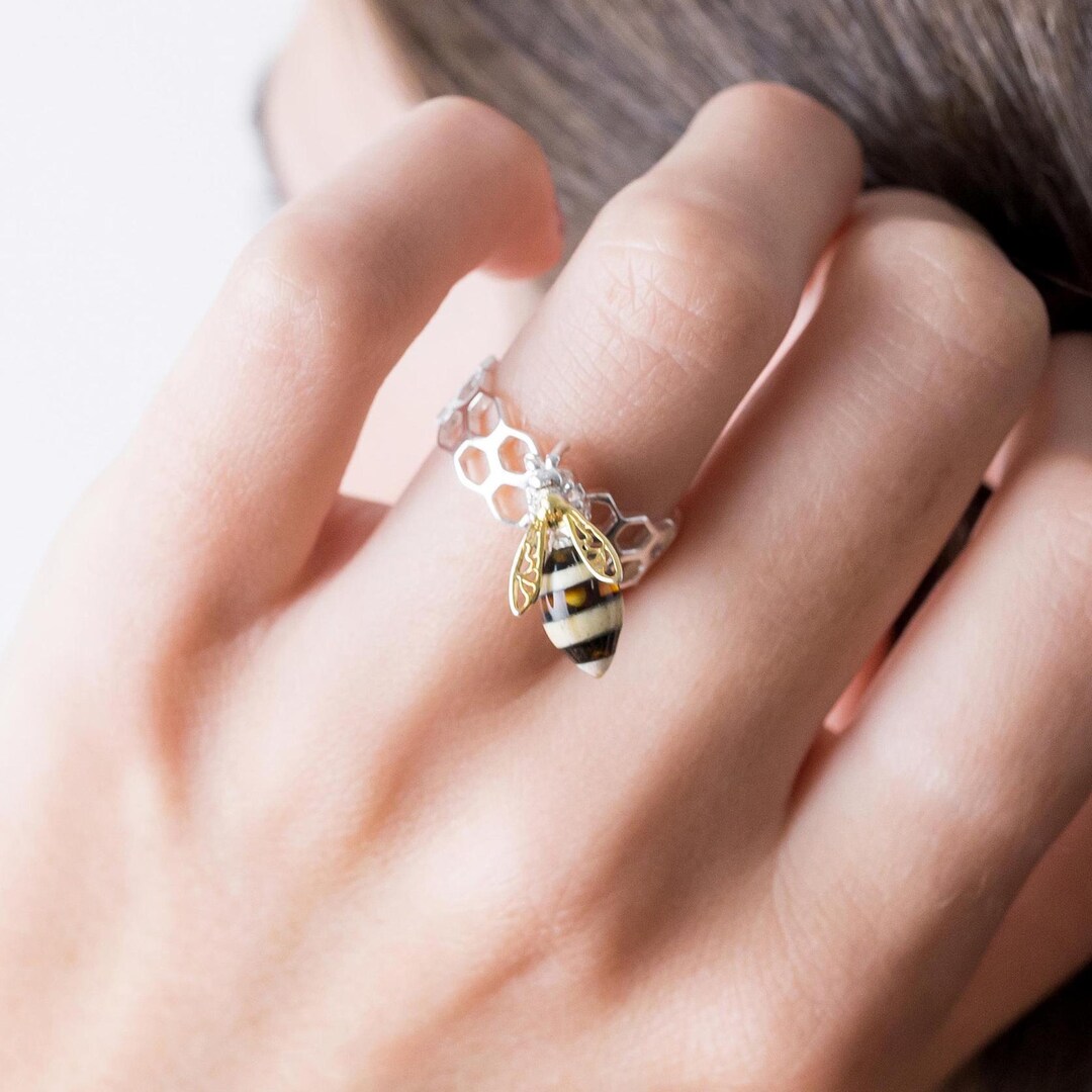 Baltic Amber Bee Ring Silver Honeycomb Ring Amber Bee Silver Geometric ...