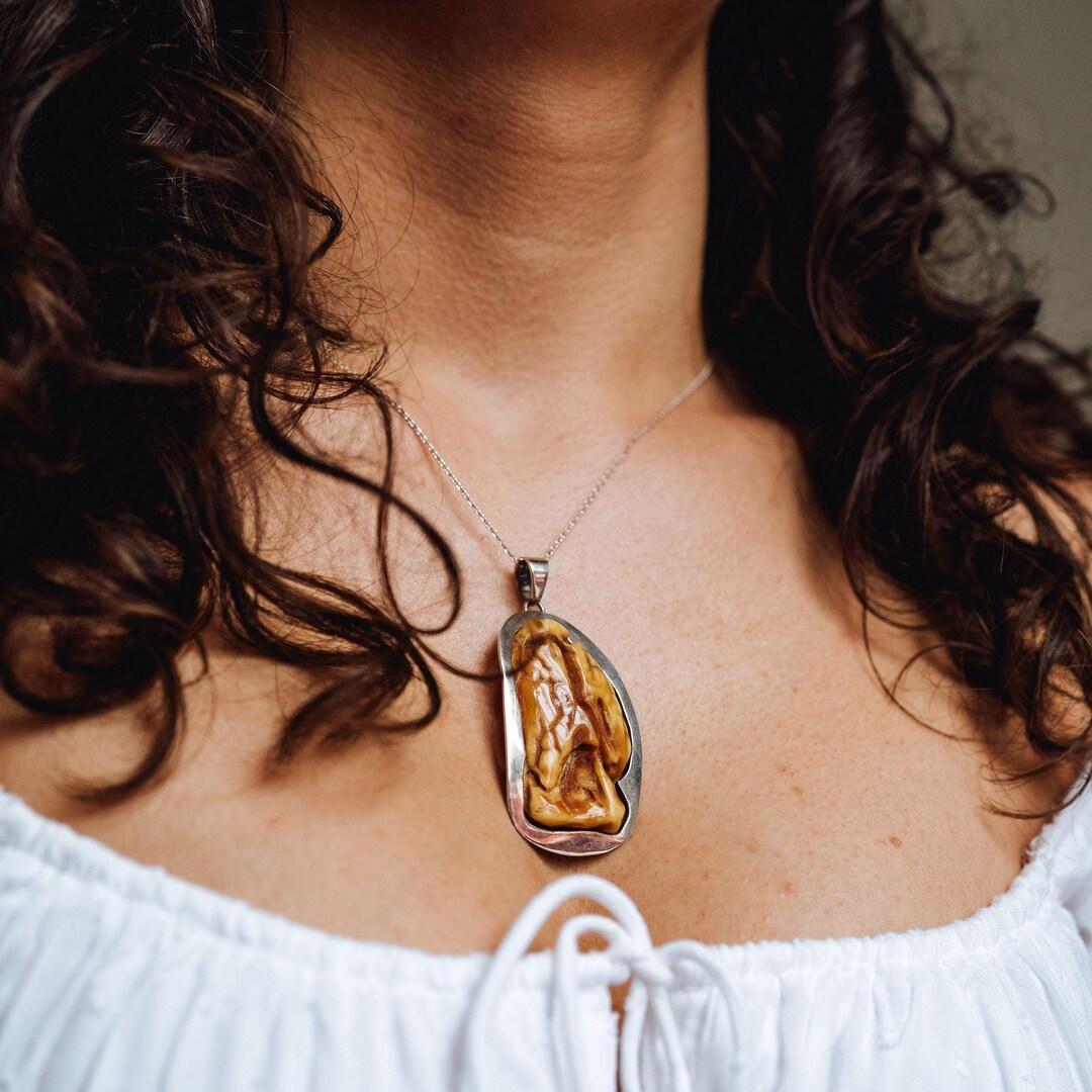 Raw Amber Pendant, Unpolished Baltic Amber Charm, Sterling Silver ...