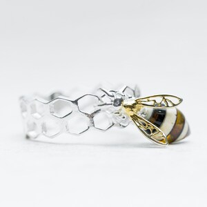 Baltic Amber Bee Ring Silver Honeycomb Ring Amber Bee Silver Geometric ...