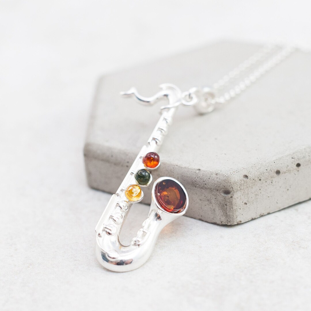 Amber Saxophone Pendant Necklace Silver Saxophone Jewellery Amber ...