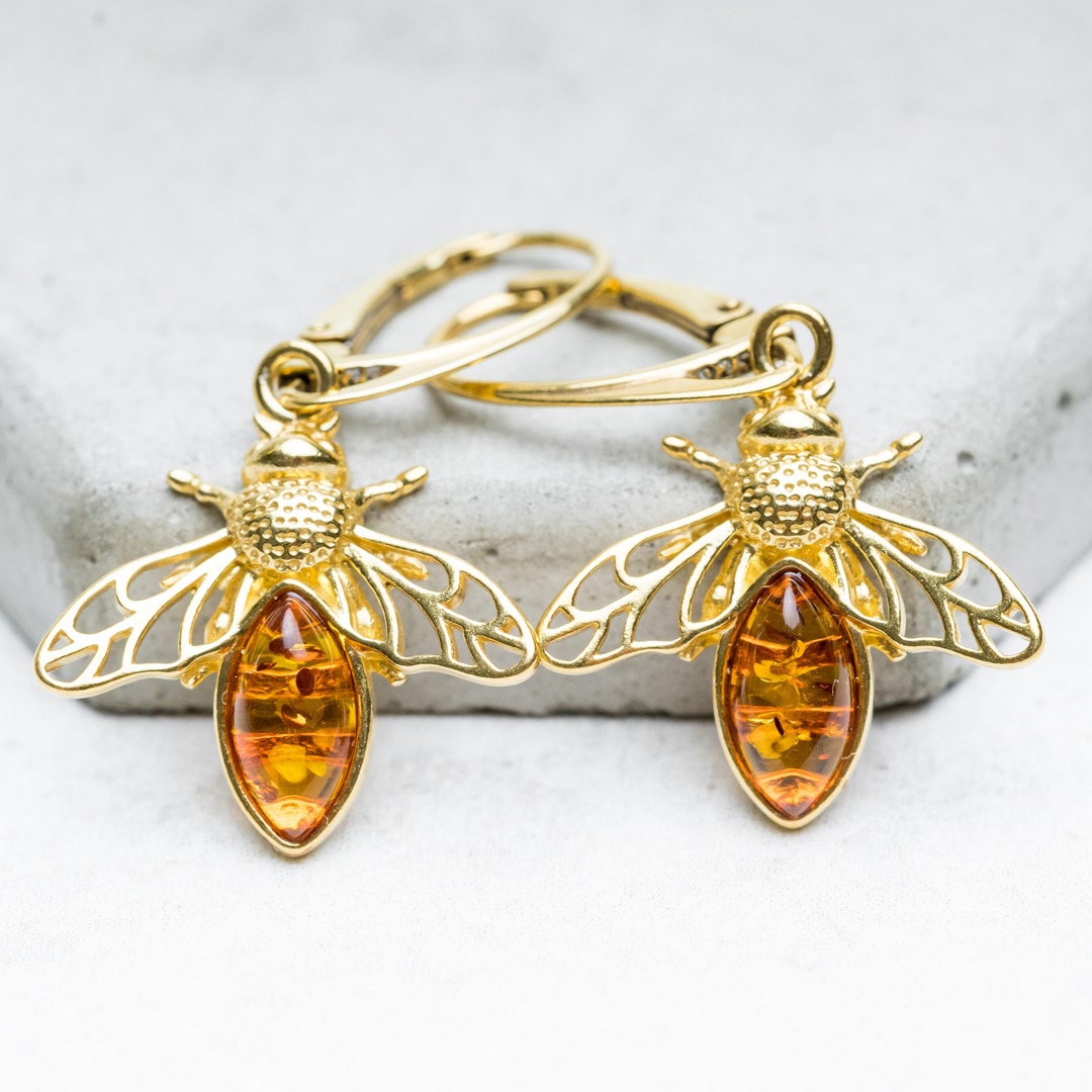 Gold Bee Earrings in Baltic Amber and Sterling Silver Amber Bee ...