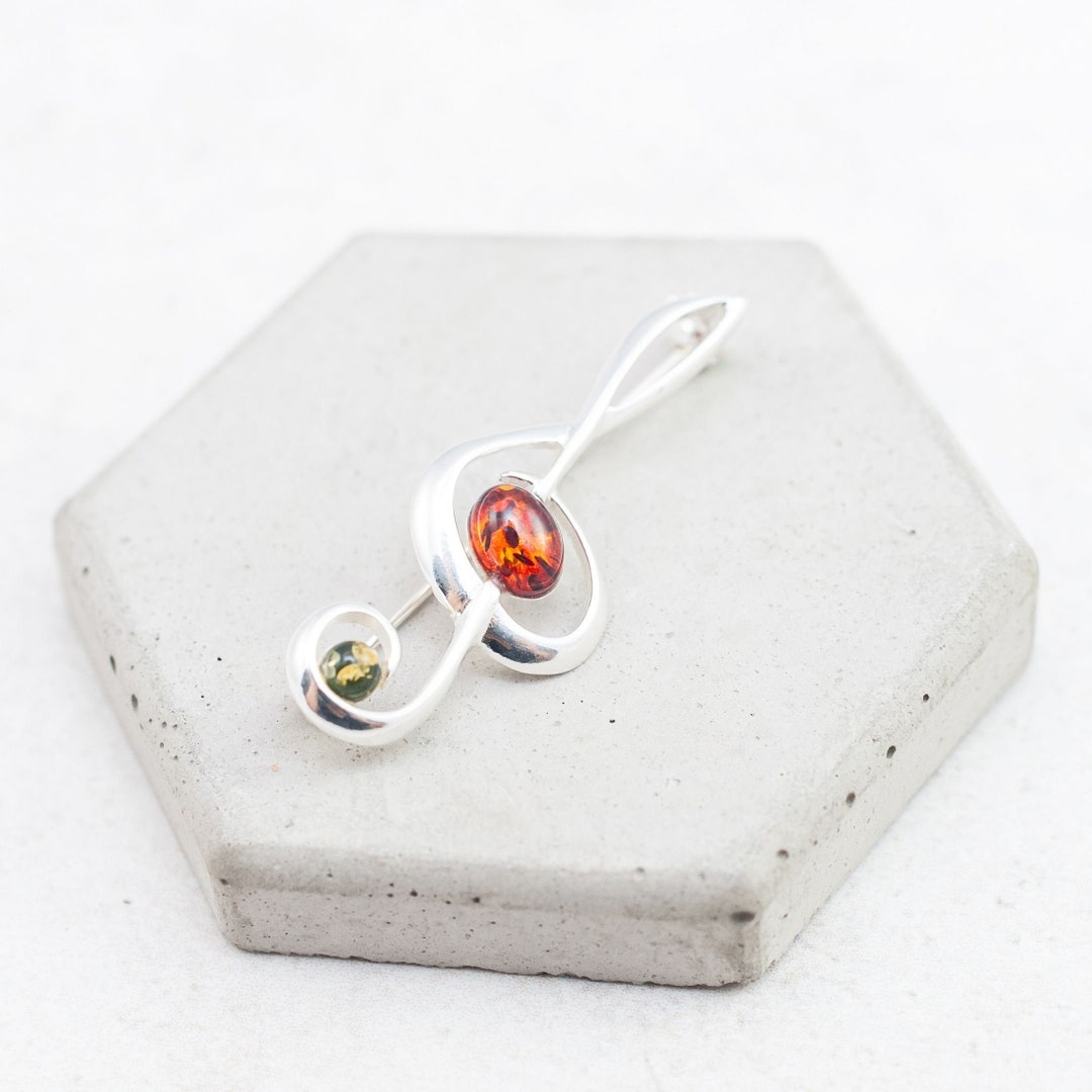 Baltic Amber Treble Clef Brooch, Sterling Silver Music Note Pin ...