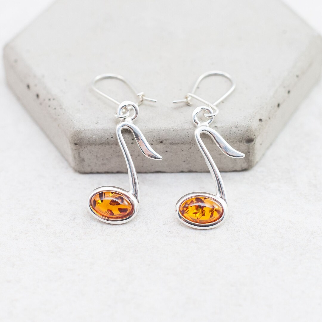 Baltic Amber Music Note Earrings, Sterling Silver Musician Drops, Music ...