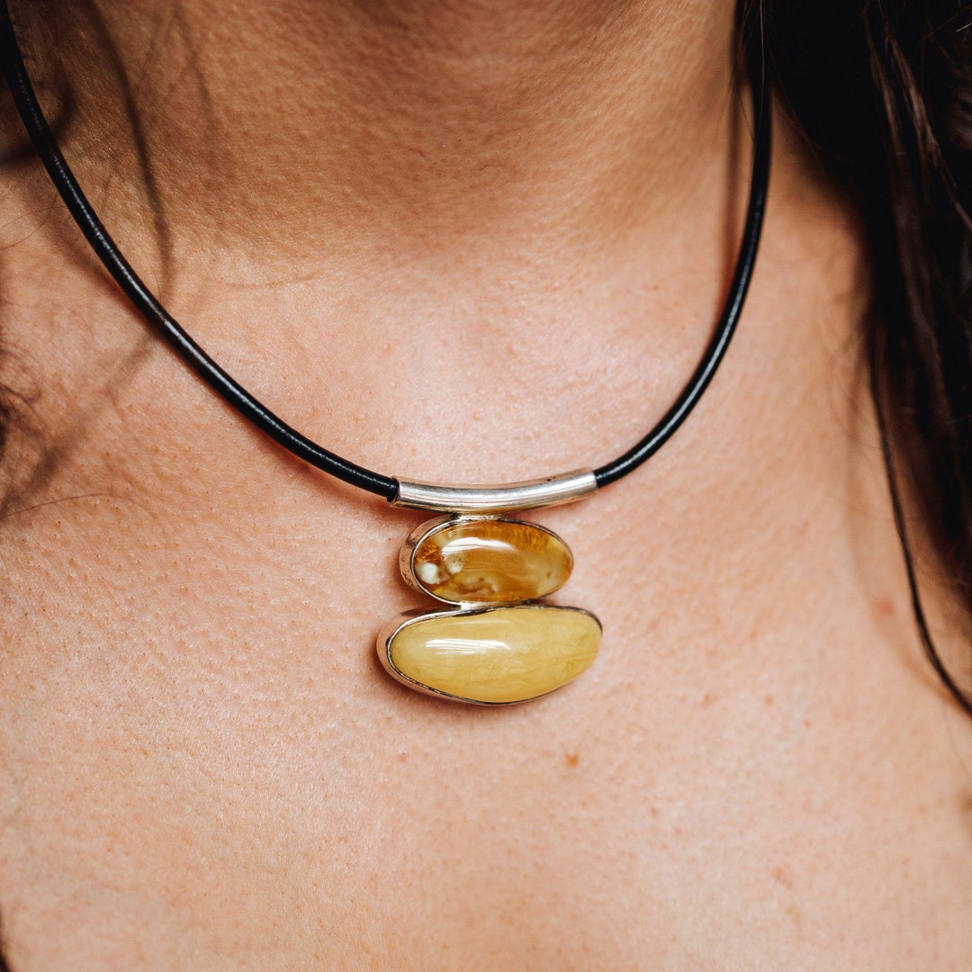 Two Stones Amber Necklace Honey Natural Baltic Amber Stone Pendant ...