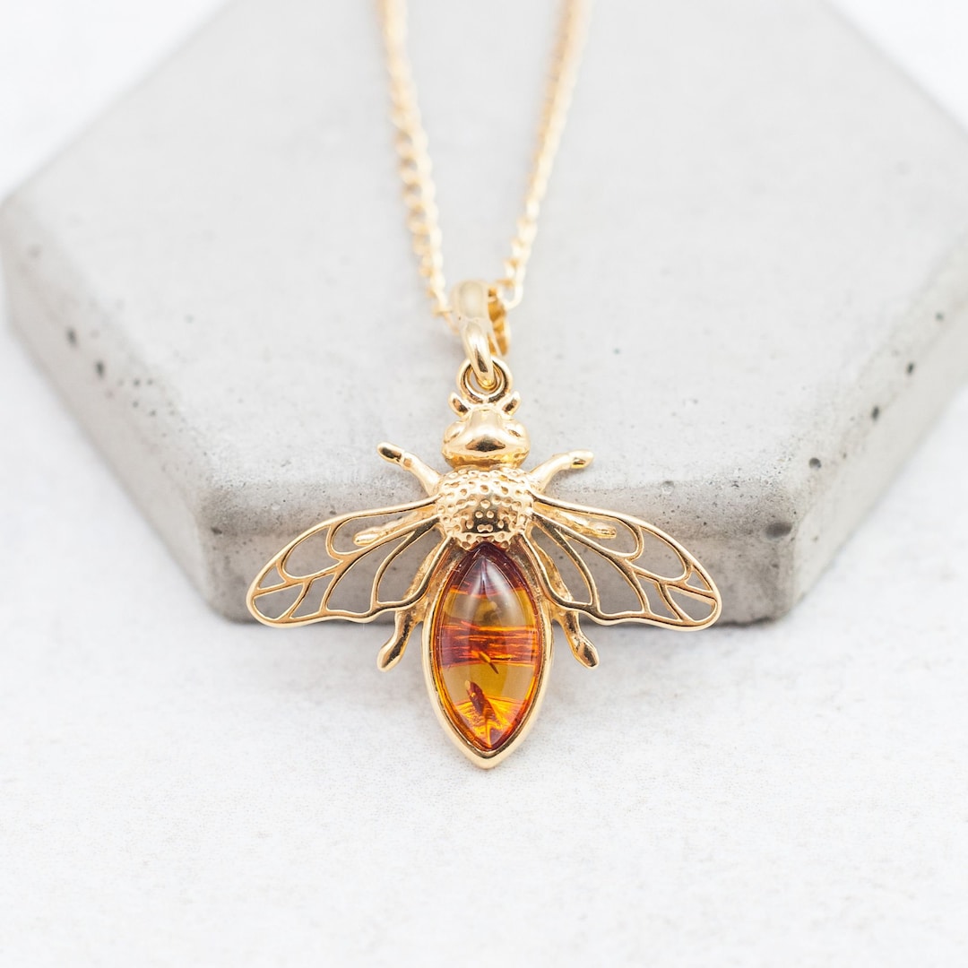 Gold Bee Necklace Baltic Amber Bee Pendant Necklace Silver Bee Necklace ...