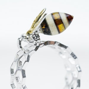 Baltic Amber Bee Ring Silver Honeycomb Ring Amber Bee Silver Geometric ...