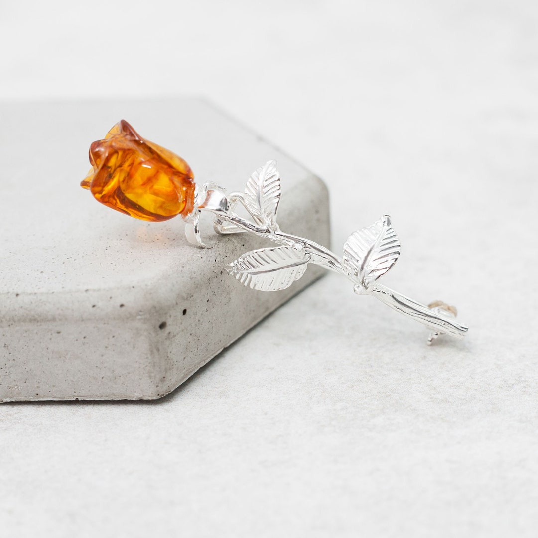 Cognac Amber Rose Brooch, Baltic Amber Flower Pin, Vintage Amber Rose ...