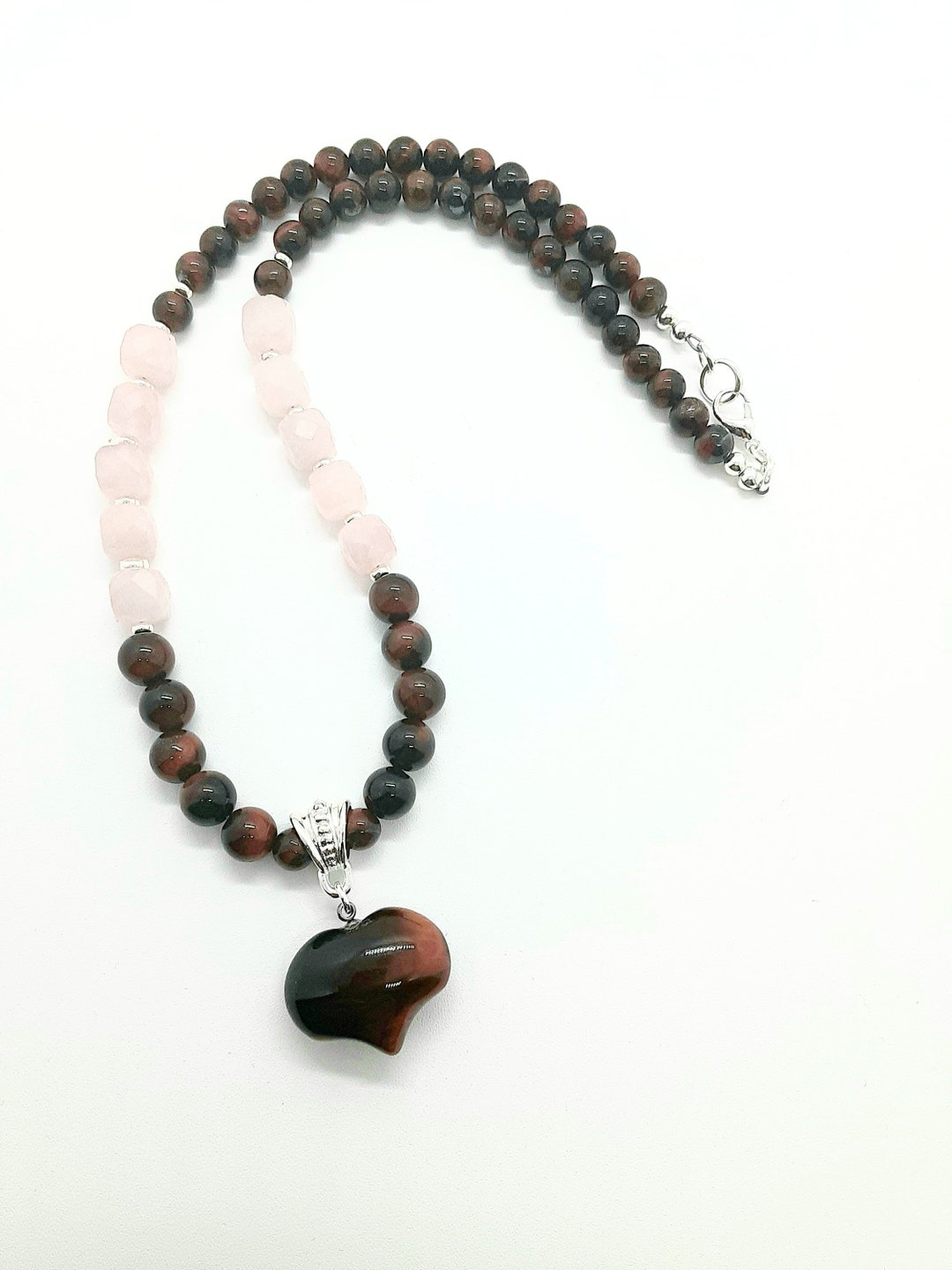 Natural Red Tigers Eye and Cube Cut Rose Quartz Pendant Heart Necklace ...