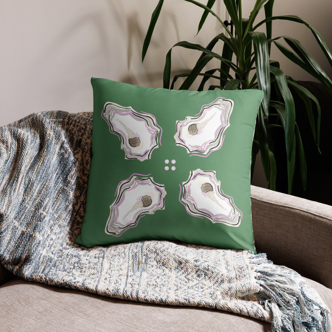 Seaweed Green Oyster Print Pillow - Filled - Beach Cottage - Lake Decor ...