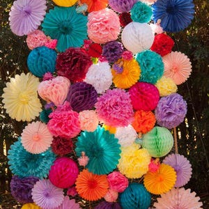 Mexican Fiesta Wall Decor Backdrop - Paper Fans Poms and Balls Made in ...