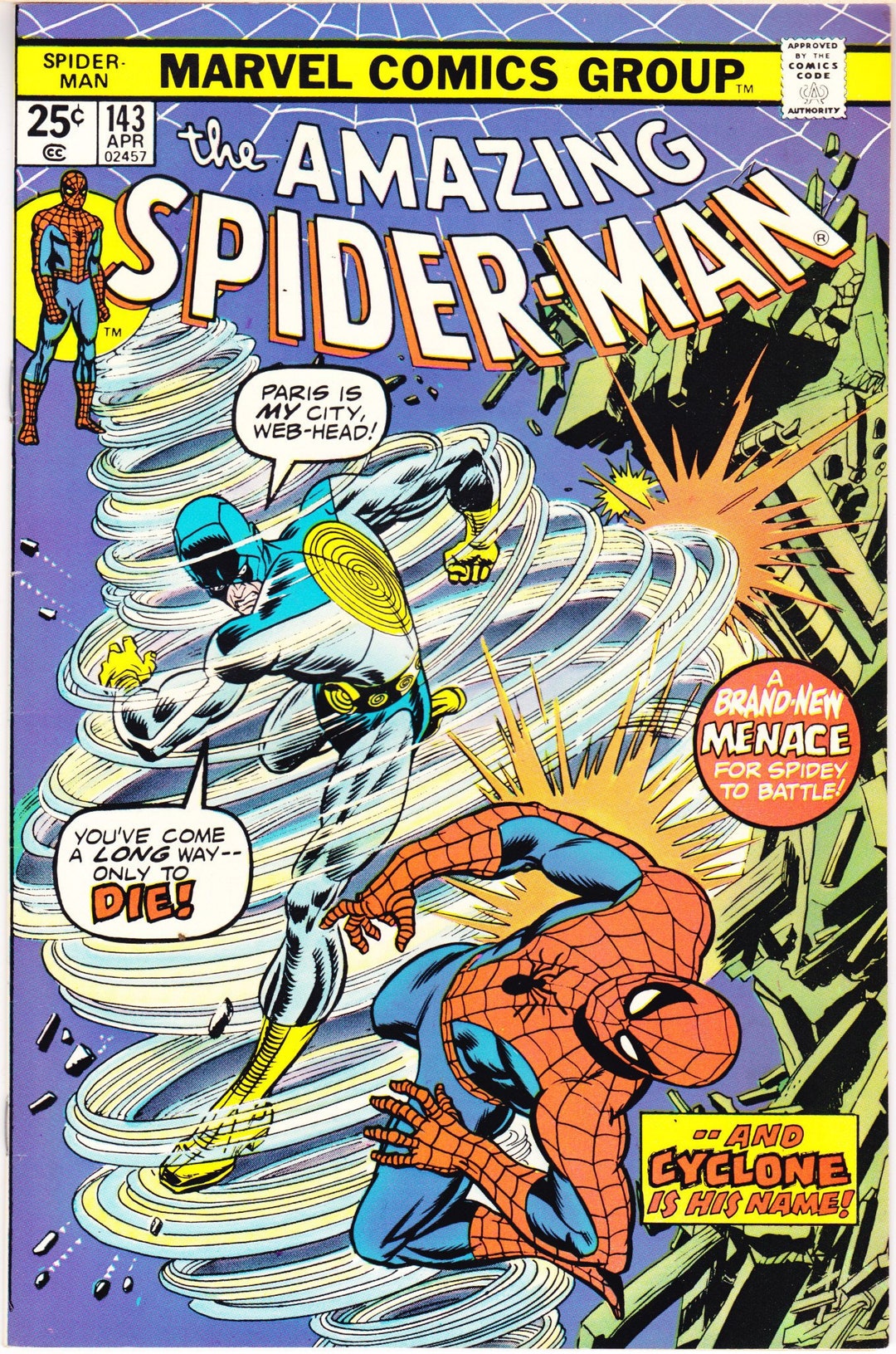 Amazing Spiderman 143 Comic, 1st Cyclone Books. 1975 Marvel Comics VFNM ...