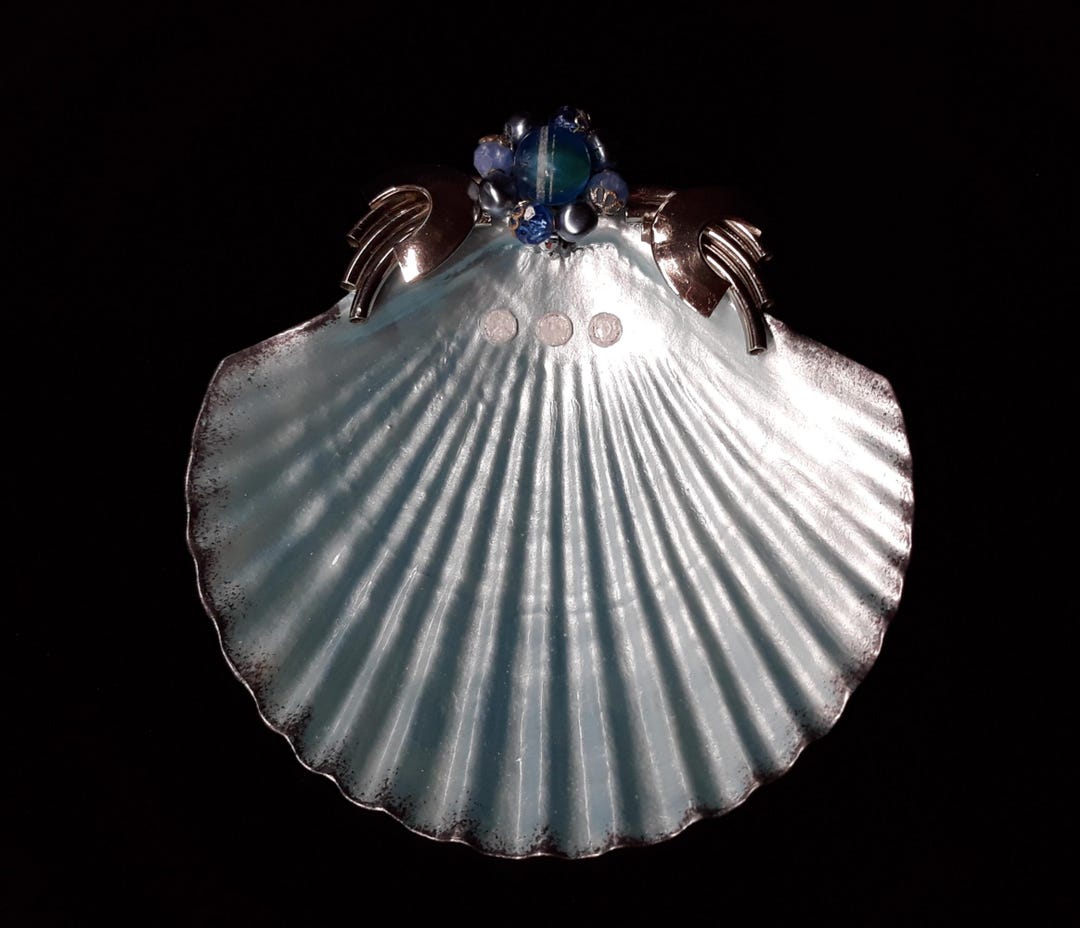 Large Pale Ice Blue Scallop Shell Ring Dish Trinket Tray With ...