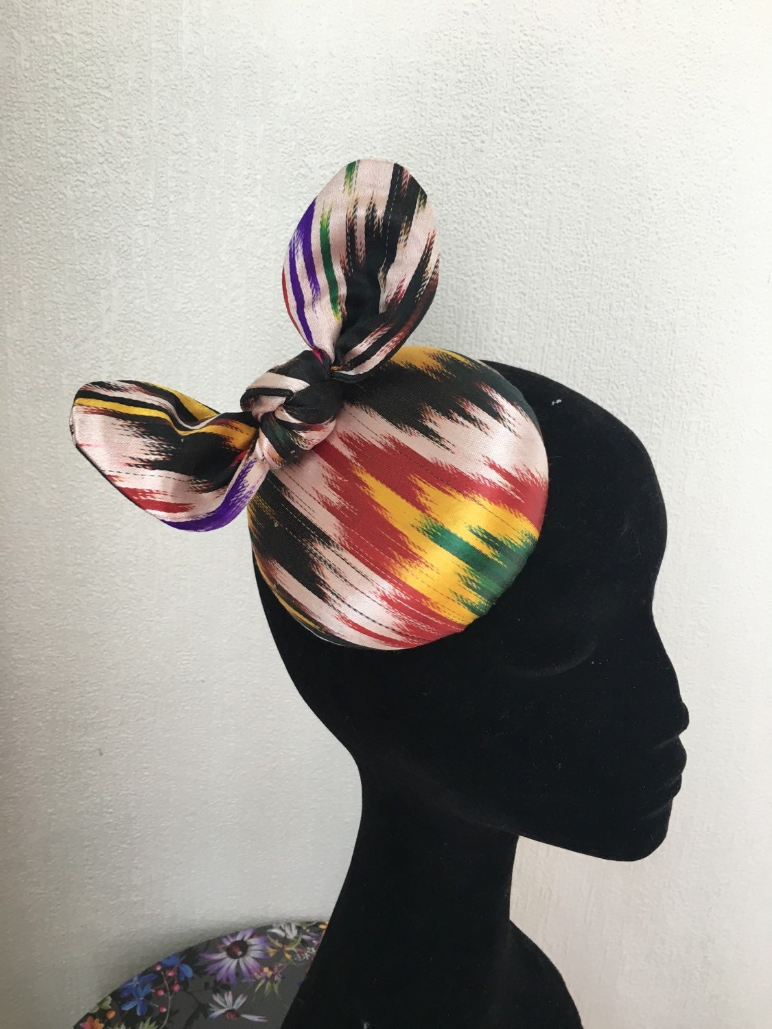 Silk Authentic Ikat Adras Khan Atlas Tiny Button Pillbox Hat Rainbow ...