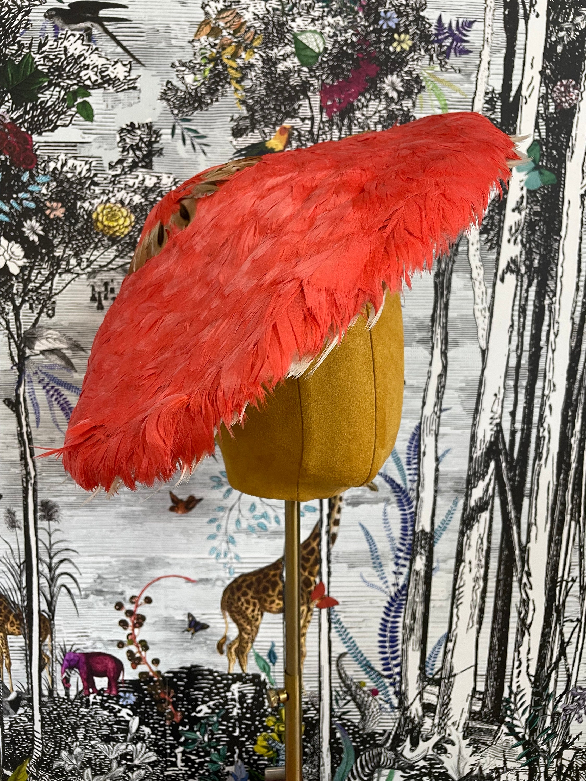 Stunning 1950s New Look Hat, Coral Red Feathers, 50s Classic Shape ...